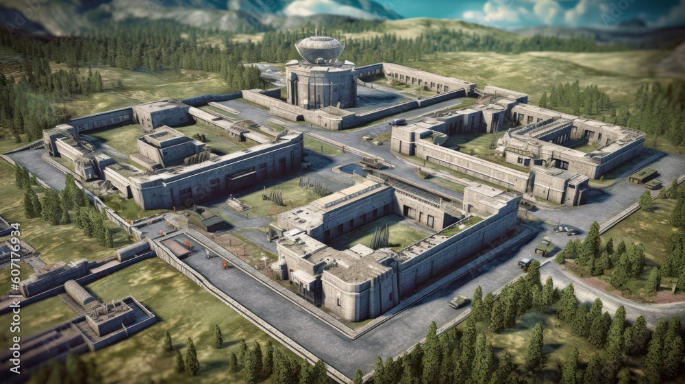 Fortified military base, complete with barracks, command centers, and ...
