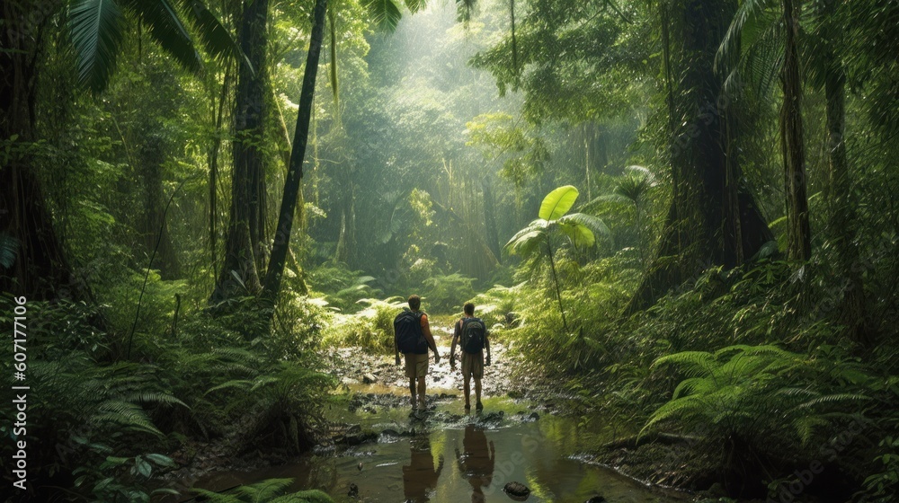 Expedition through a dense and exotic jungle, with explorers traversing ...