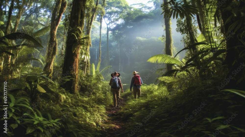 Expedition through a dense and exotic jungle, with explorers traversing ...