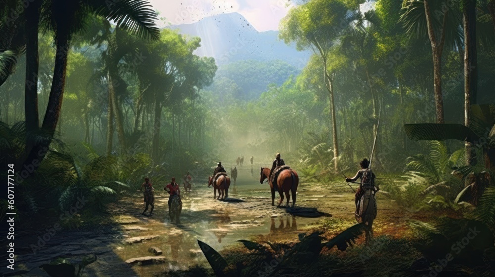 Expedition through a dense and exotic jungle, with explorers traversing ...