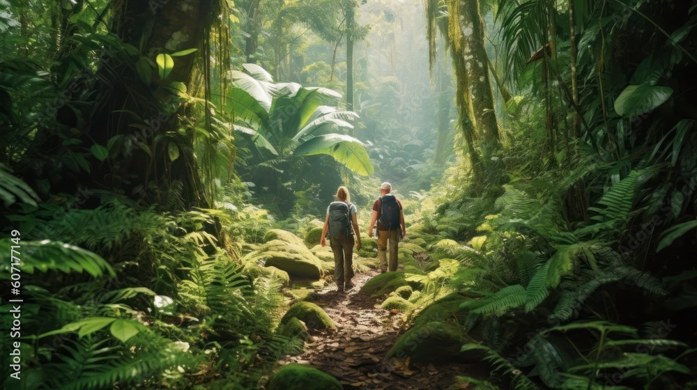 Expedition through a dense and exotic jungle, with explorers traversing ...