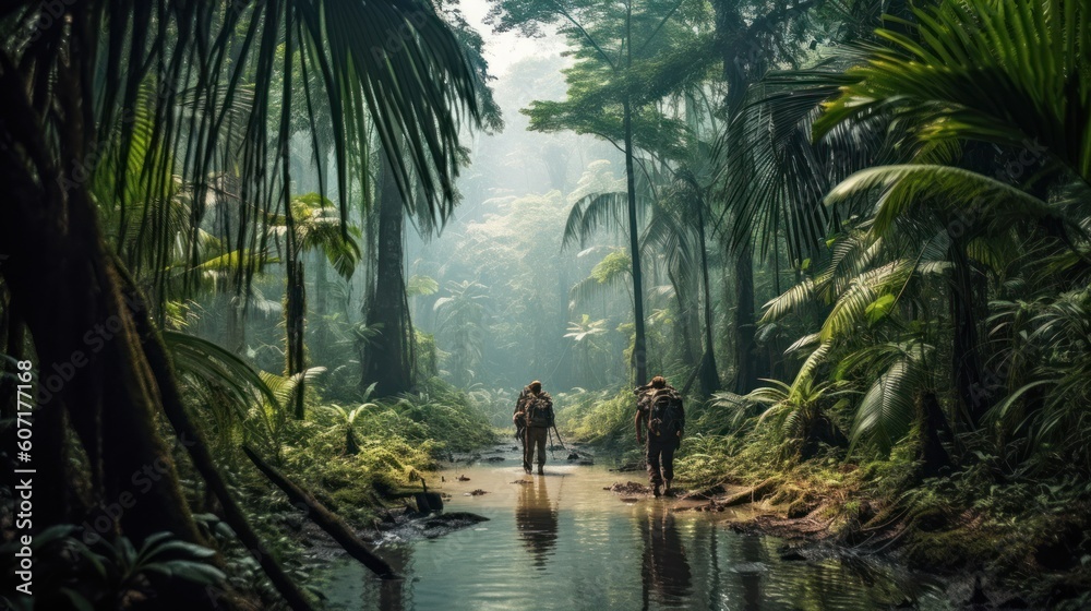 Expedition through a dense and exotic jungle, with explorers traversing ...