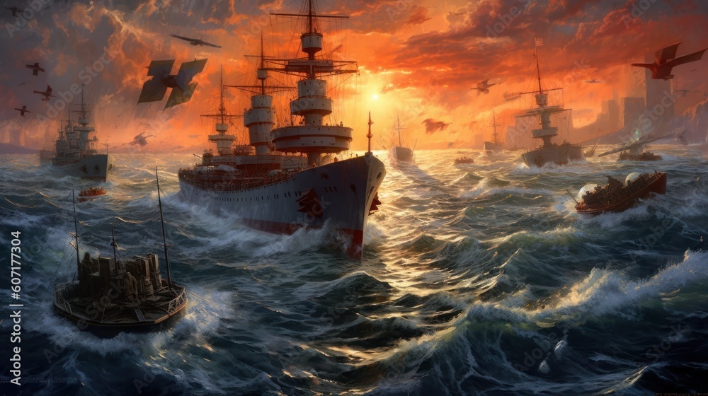 Intense naval battle scene between rival pirate ships, with cannons ...