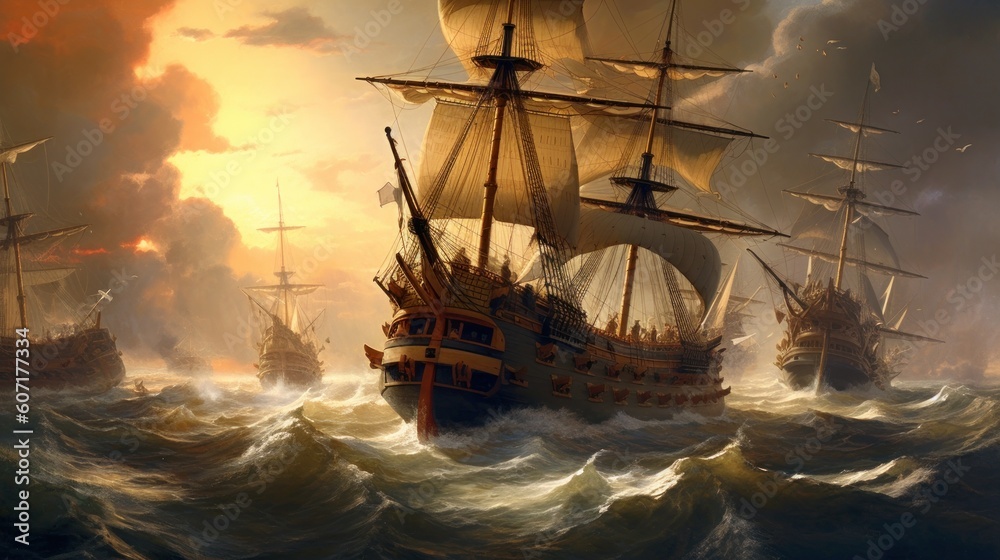 Intense naval battle scene between rival pirate ships, with cannons ...