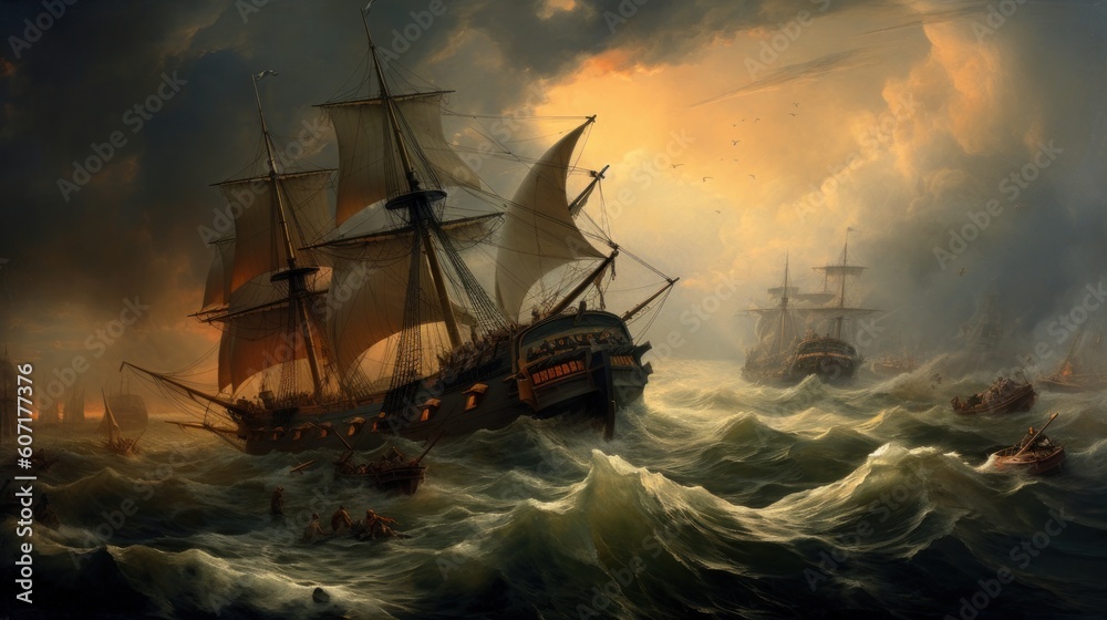 Intense naval battle scene between rival pirate ships, with cannons ...