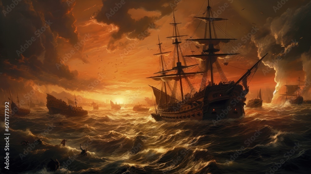 Intense naval battle scene between rival pirate ships, with cannons ...