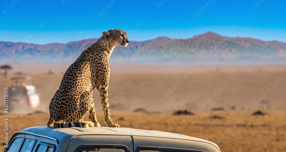 Cheetah looks into the distance of the savannah. An African cheetah in ...