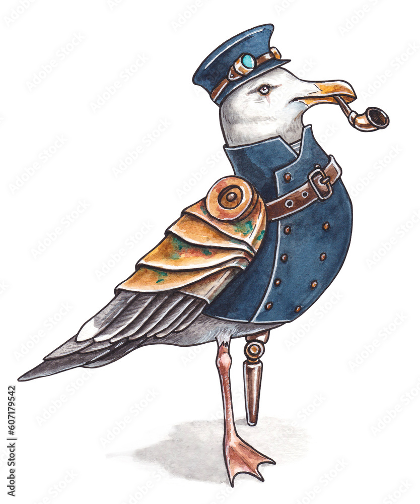 Captain seagull in steampunk style. Watercolor hand drawn illustration ...