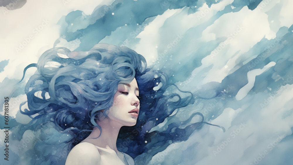 Mythical elemental princess of air and water, nature spirit with pale ...
