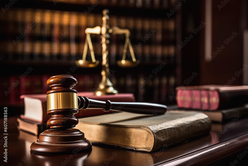 Judge hammer, books and scales of justice in a court hall - Done with ...