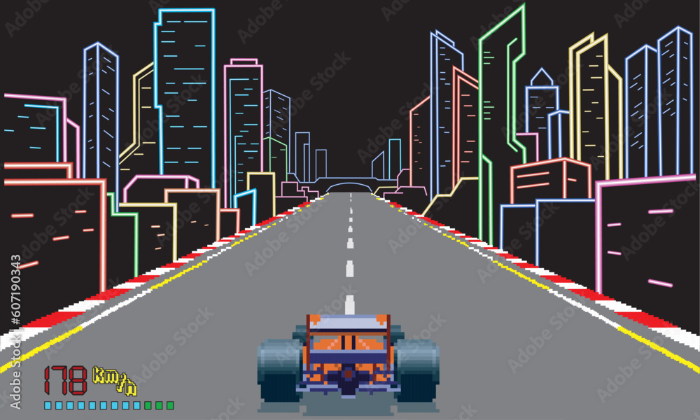 Pixelated retro arcade racing car formula. pixel night city background ...