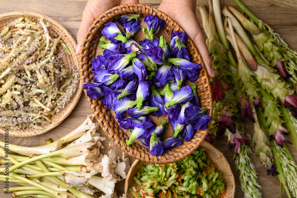 Thai edible flowers from organic local farmers market in Northern of ...