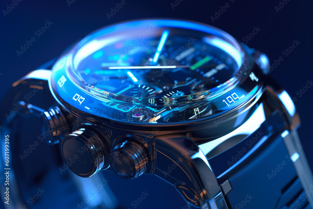 Intricate and futuristic smart watch design. Blue and Silver body on a ...