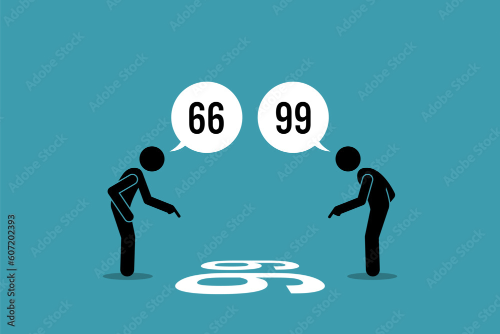 Two person arguing the number on the floor weather it is 66 or 99 ...