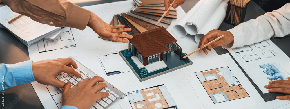 Group of interior designer team in meeting, discussing with engineer on ...