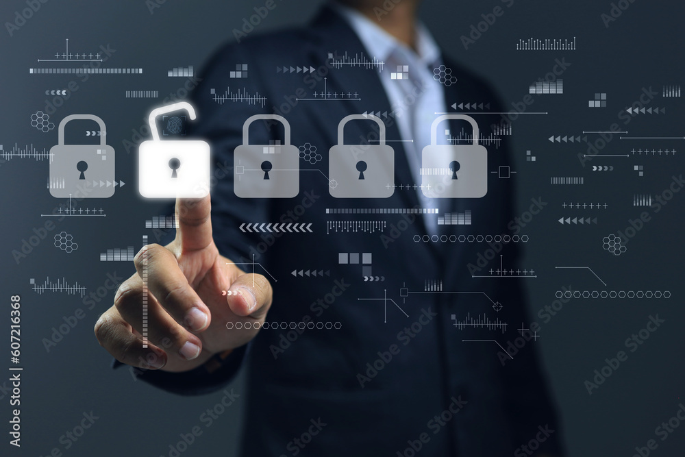 Businessmen Unlock The Lock And Gain Access To Private Database Where Large Databases Play An