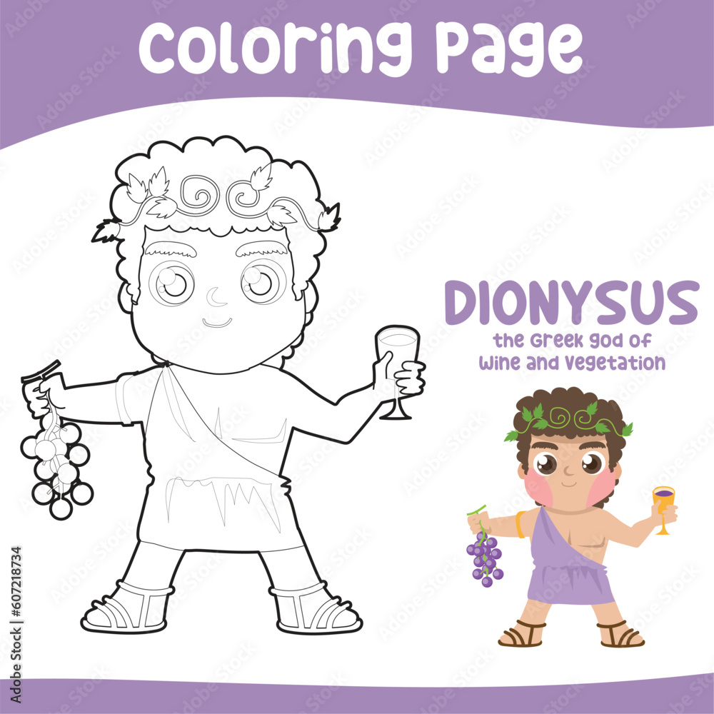 Colouring worksheet of Dionysus God of wine and vegetation. Ancient ...