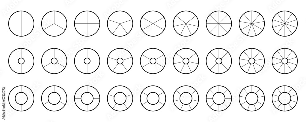 Donut and pie chart segments collection. Wheel and circle diagrams set ...