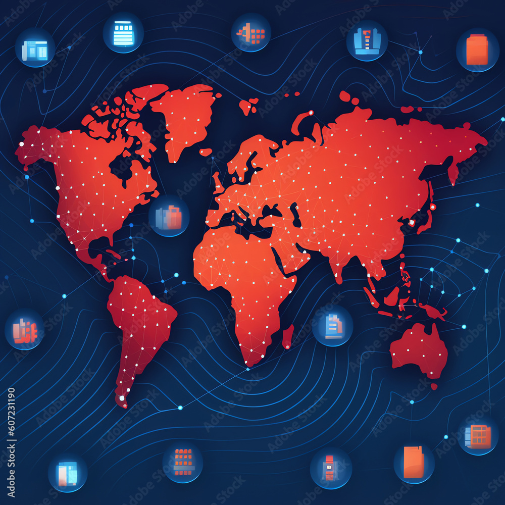 "Global Transactions": A world map with contactless payment symbols in ...