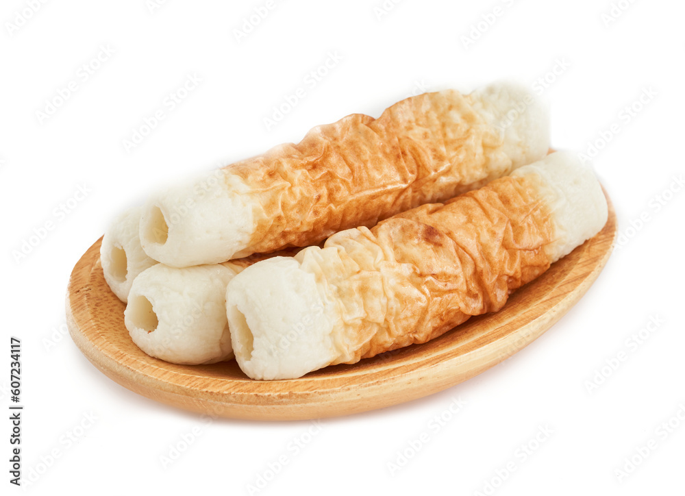 Chikuwa Takebue bake fish cake japanese food in wood plate isolated on ...