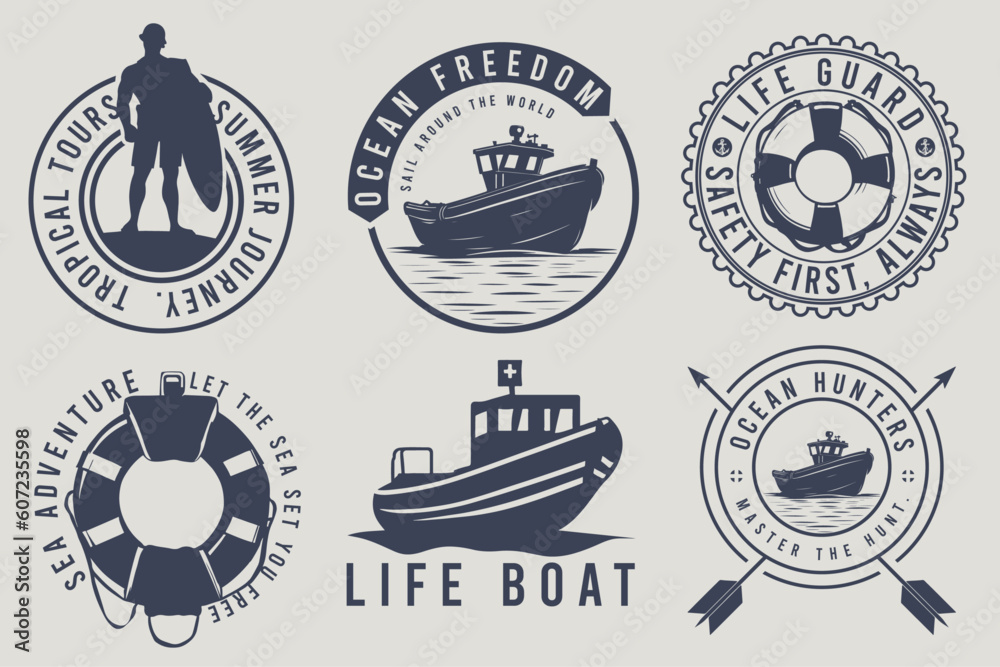 Set of nautical logos, ocean hunter badges, ocean freedom and sea ocean ...