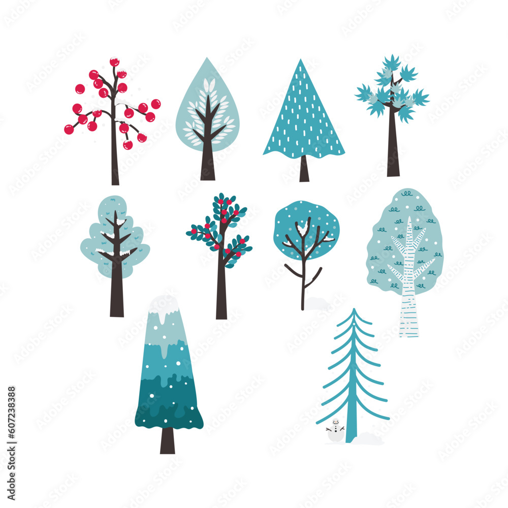 Cartoon Winter Tree Illustration. Winter snow-covered trees. Elements ...