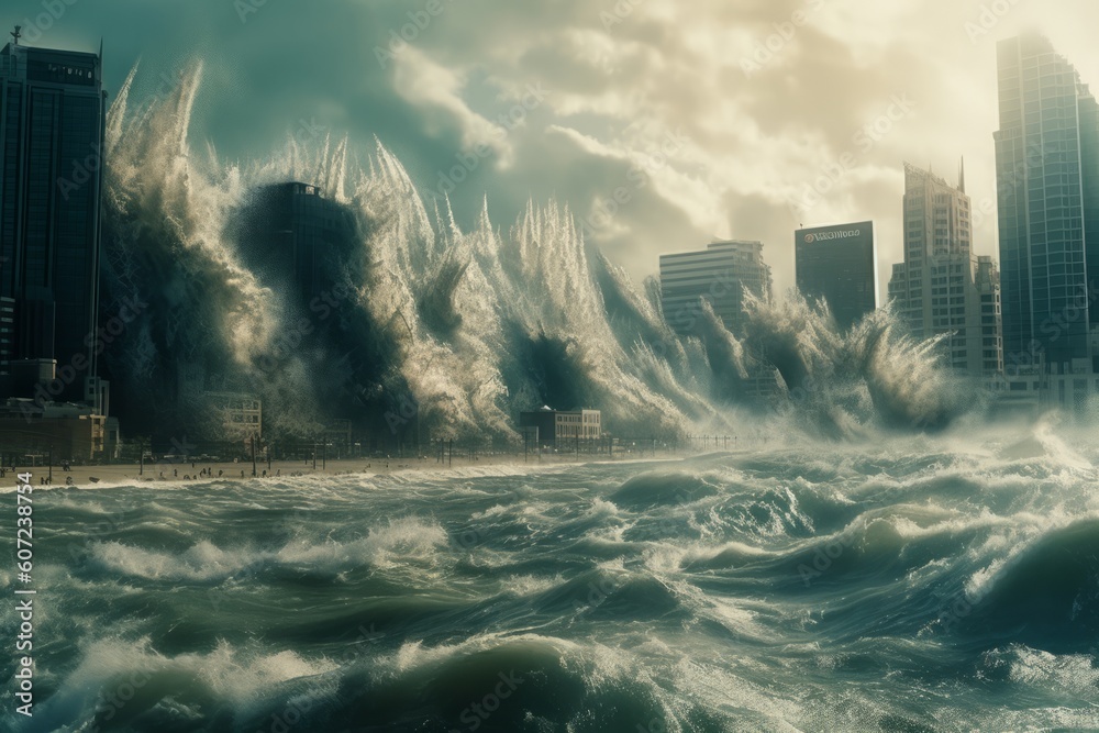 Apocalyptic scene of modern city s skyscrapers submerged by tsunami ...