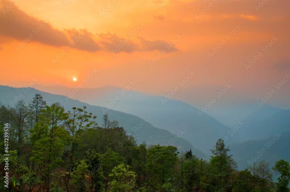 Beautiful sunrise in mountains of Himalayas, Hee Barmiok village of ...
