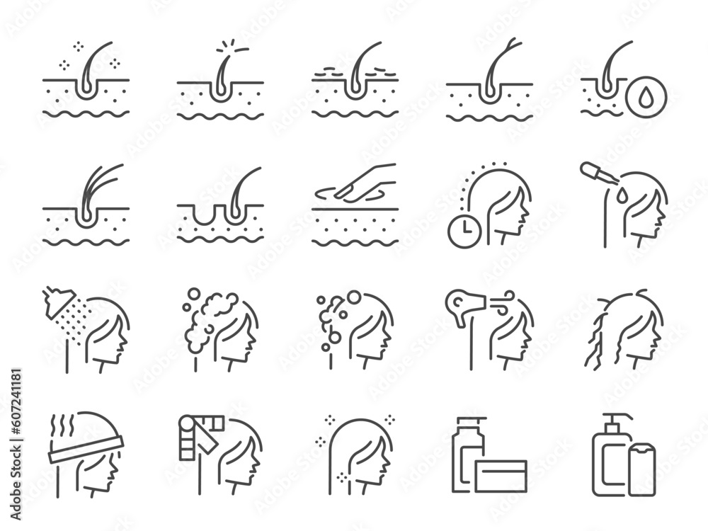 Hair care icon set. It included shampoo, scalp, conditioner, hair ...