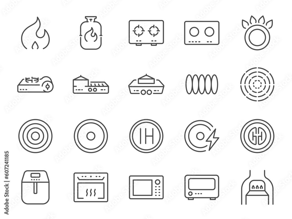 Cooker and flame icon set. It included fire, stoves, cooking hobs, hob ...