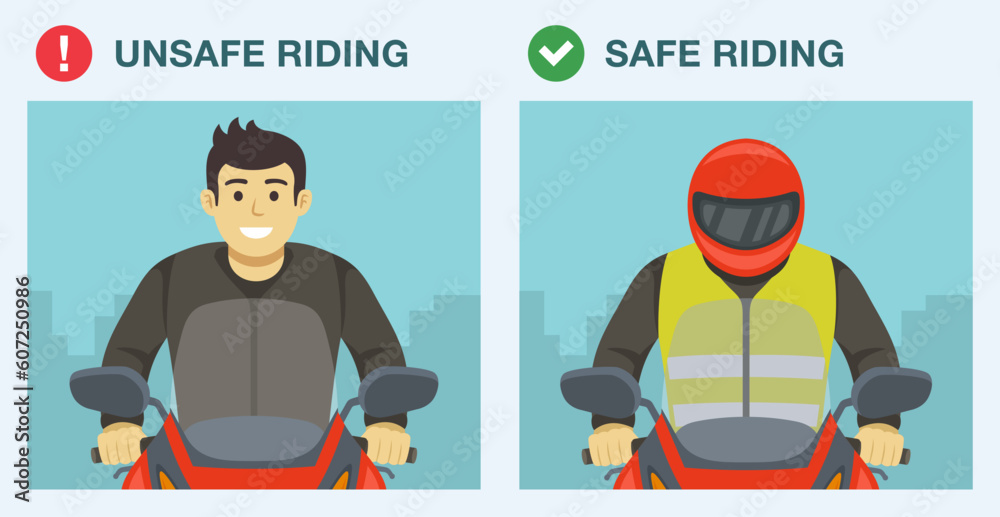 Safe and unsafe motorcycle riding. Close-up of a moto rider wearing ...