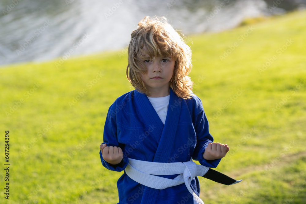 Kid boy practicing karate outdoor. Sport karate kids. Little boy ...