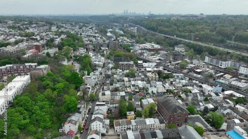 High aerial establishing shot of Manayunk, Pennsylvania. Philadelphia ...