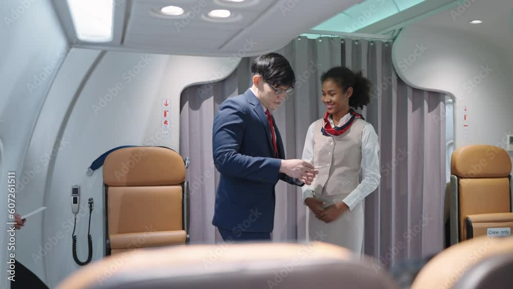 Young women flight attendant, stewardess in uniform standing in the ...