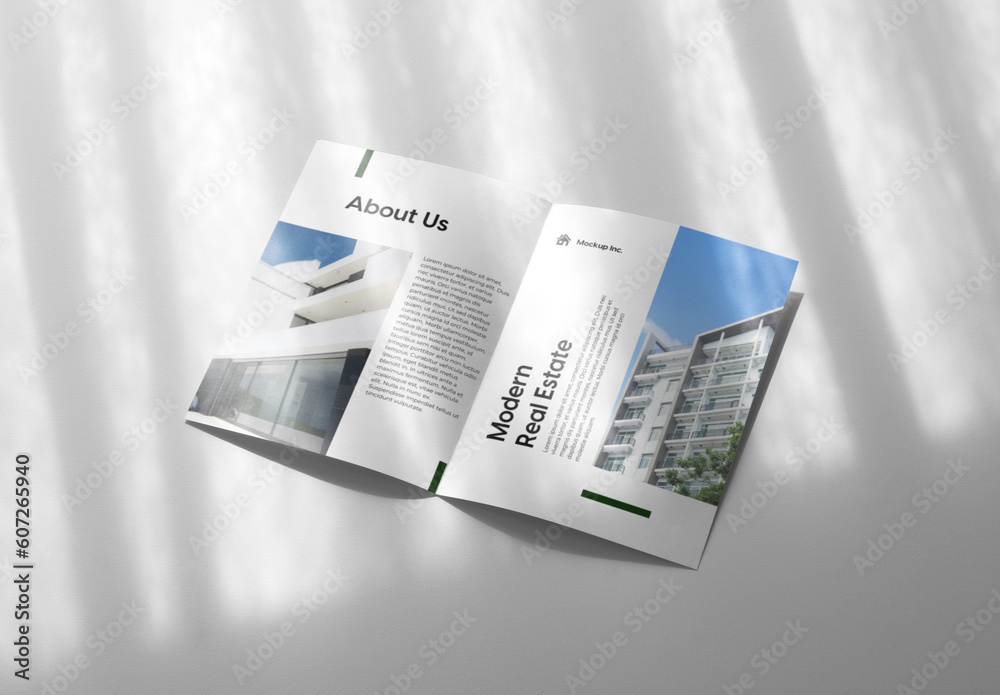 Mockup of customizable A4 bi-fold open leaflet against customizable ...