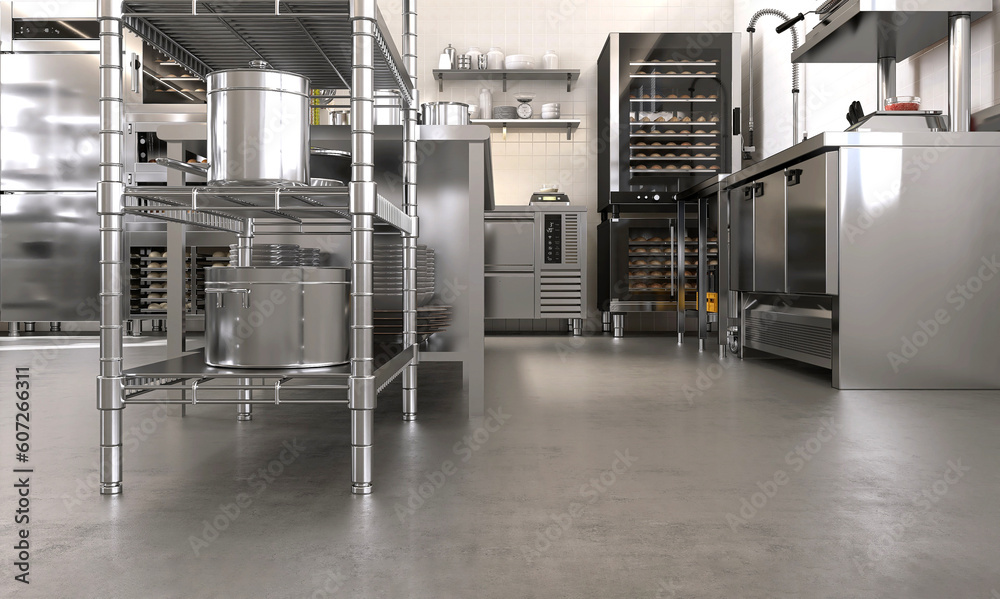 Concrete floor of commercial, professional bakery kitchen, stainless ...