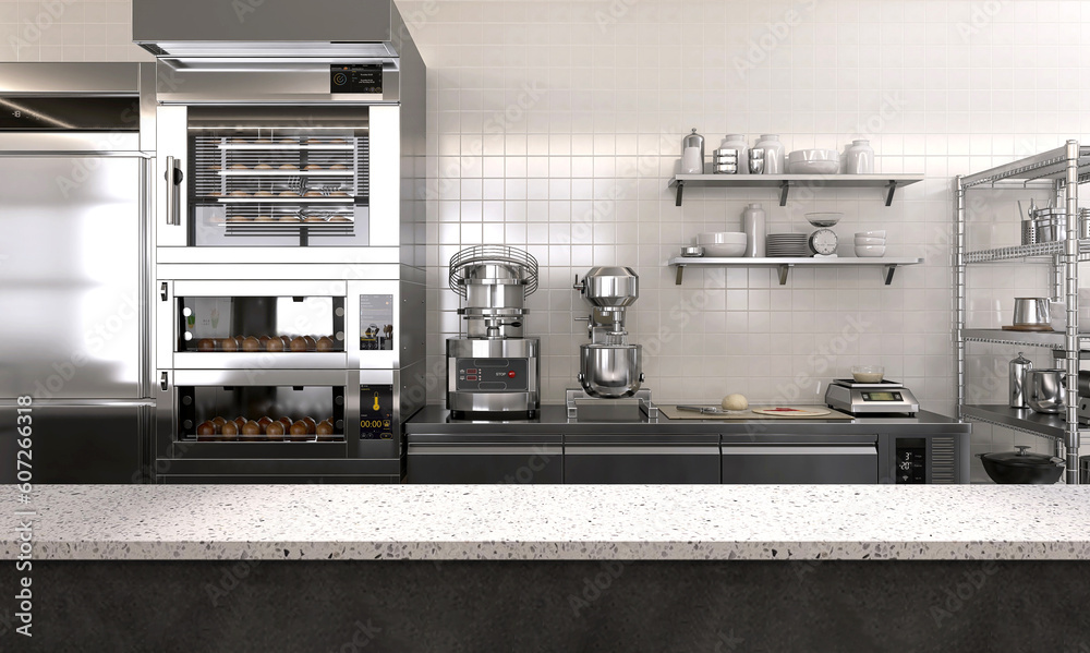 Empty clean white terrazzo top island table counter in commercial ...