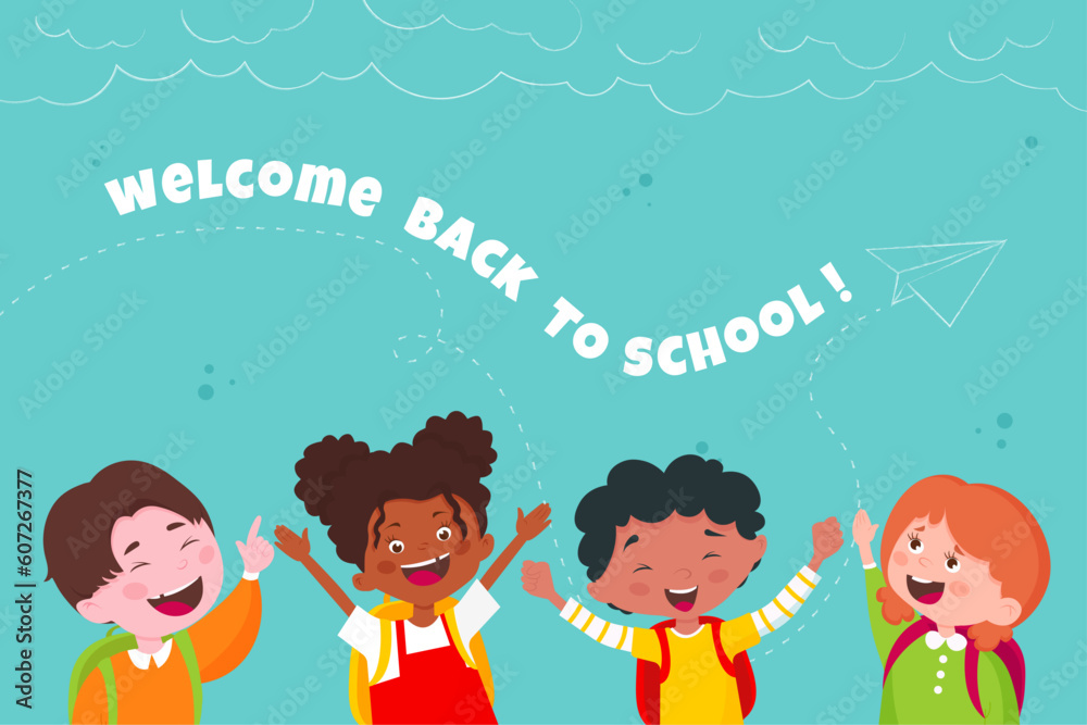 Welcome back to school in flat design with happy children, vector ...
