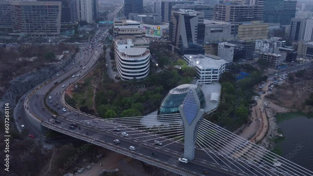 Vidéo Stock Drone shot of the Durgam Cheruvu Cable Bridge on the Durgam ...