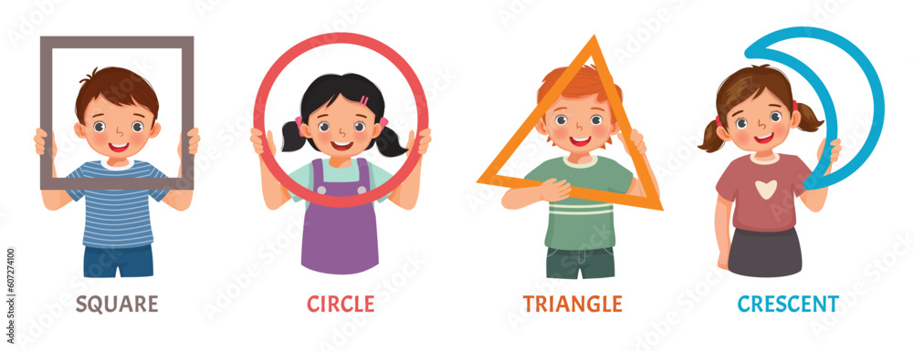 Cute kids with basic geometric shapes such as square, circle, triangle ...