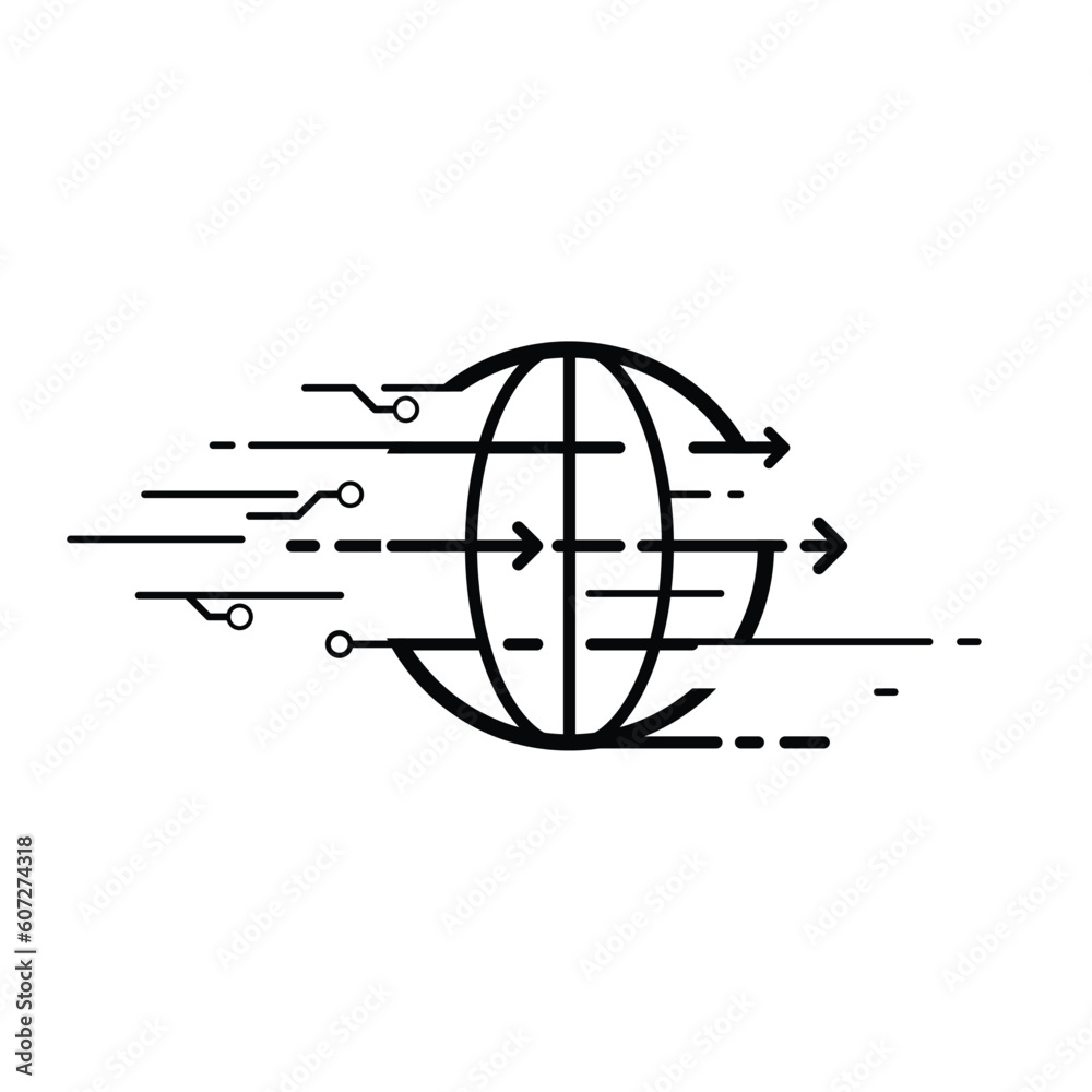 World icon with digital circuit symbol and dash line arrow moving ...