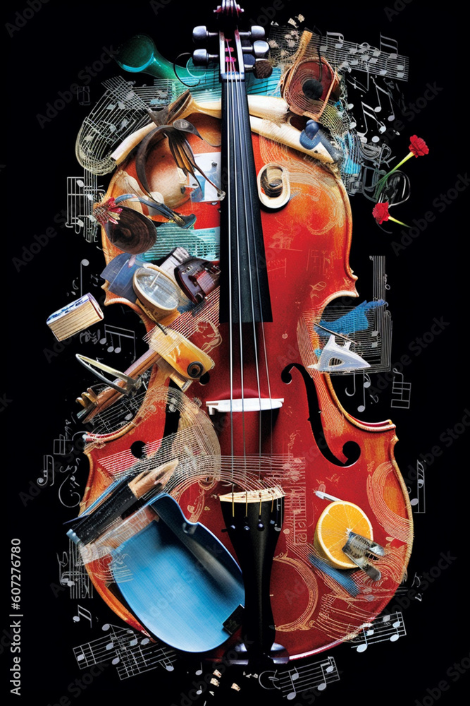 A collage artwork combining musical notes, sheet music, and instrument ...