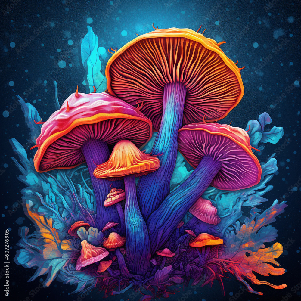 A digital rendering of psychedelic mushrooms, with vibrant and surreal ...