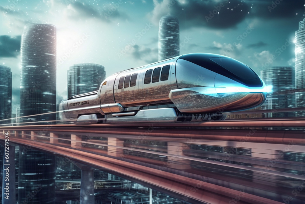 A digital artwork showcasing a futuristic magnetic levitation (maglev ...