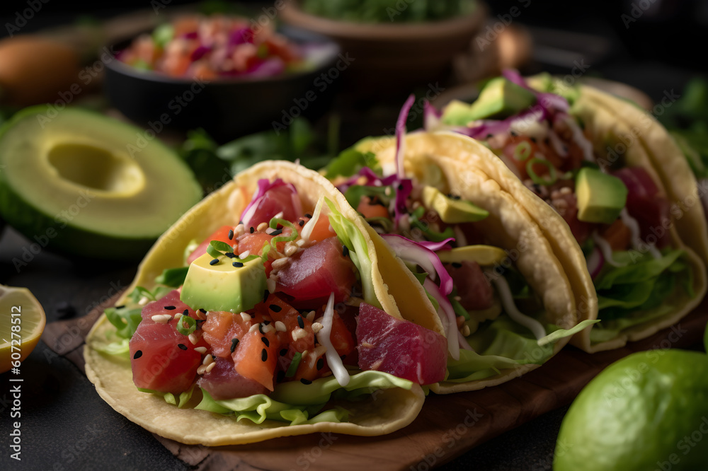 Mexican appetizer poke tacos with fish, mix of cultures, fusion. With ...