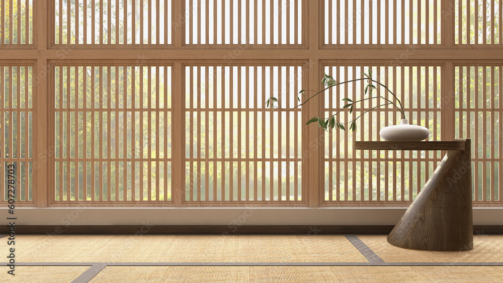 Empty traditional Japanese room with tatami mat floor, wood shoji ...