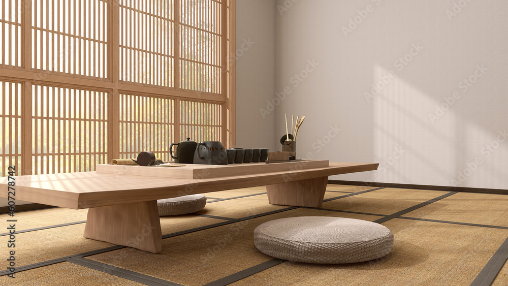 Wood chabudai traditional Japanese short legged table, round pouf seat ...