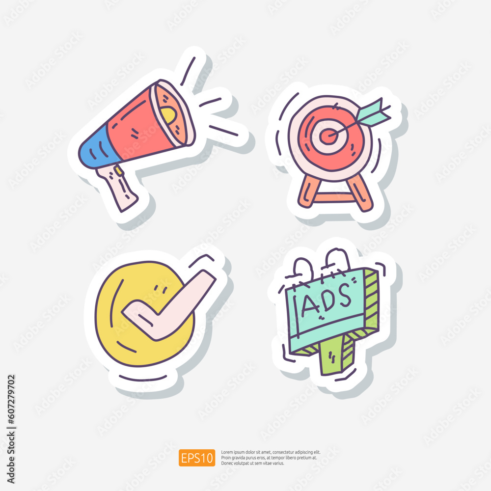 advertising and marketing sticker doodle icon set with megaphone, dart ...