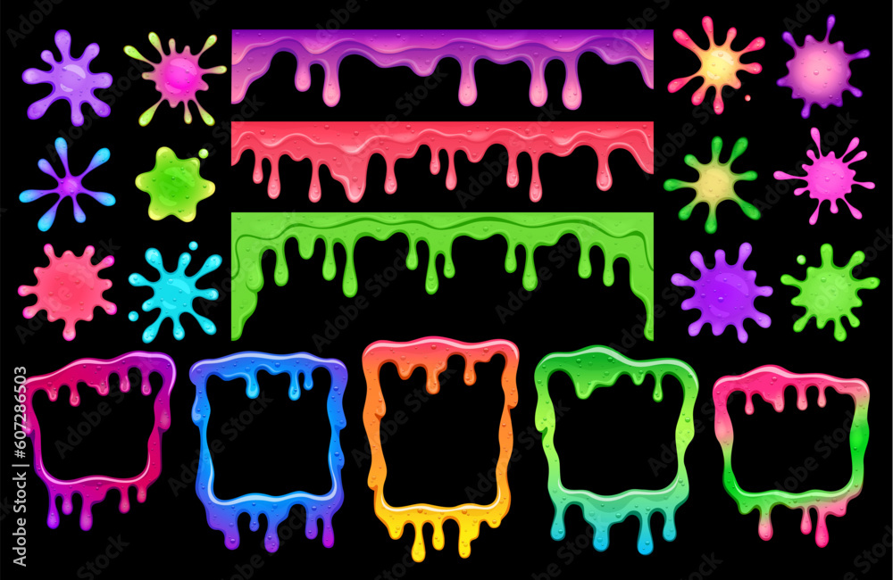 Cartoon colorful slime frames. Melt splashes and blobs. Vector liquid ...