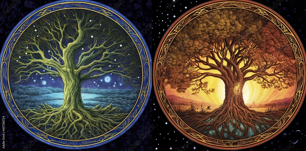 Colorful trees of Life. Symbol of the life cycle and the link between ...